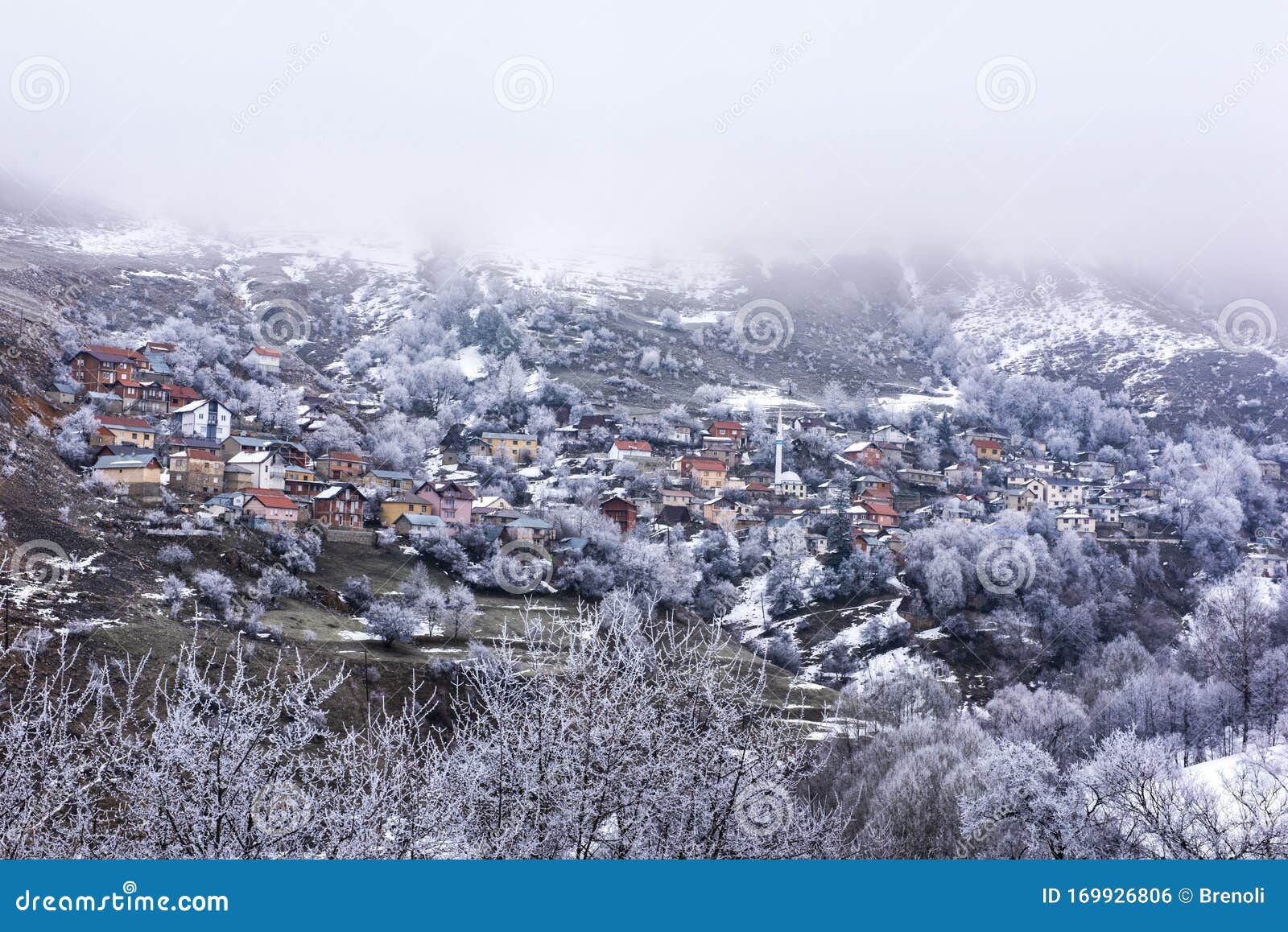 Frozen village stock photo. Image of cold, albania, cabin - 169926806