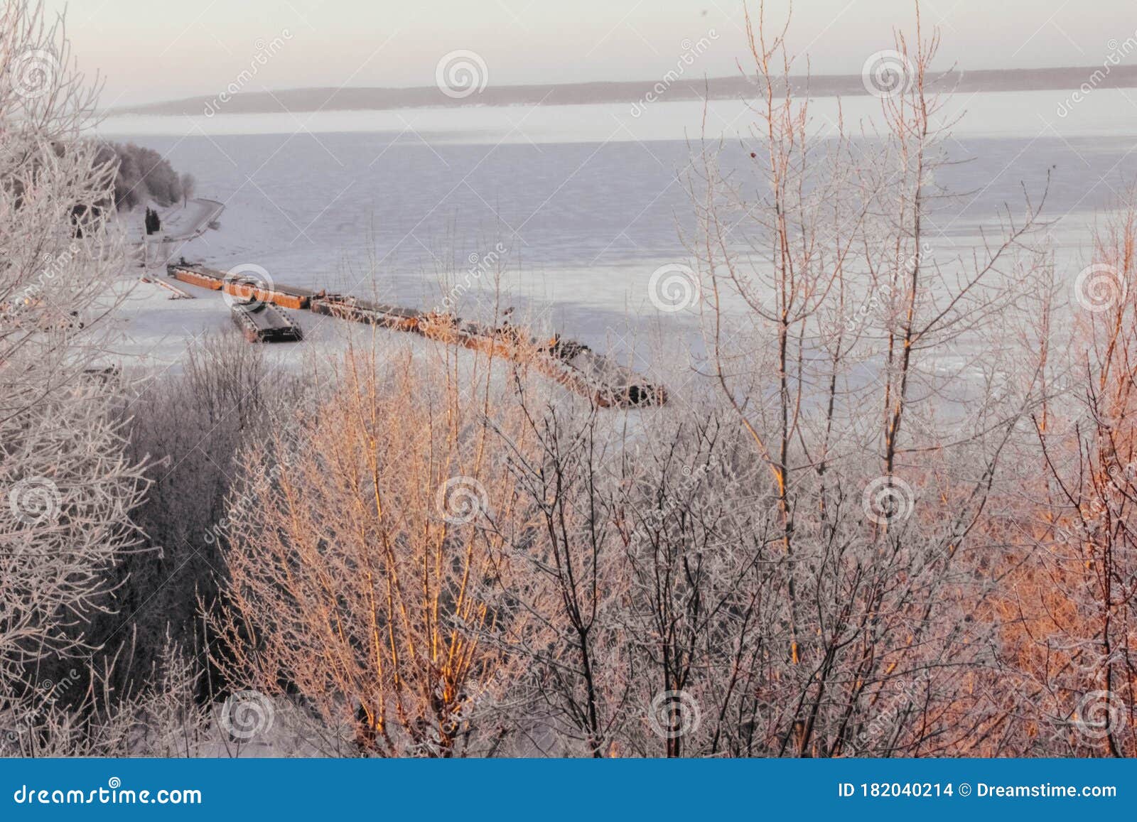Frozen Volga River with Barges. Winter River Landscape Stock Photo ...