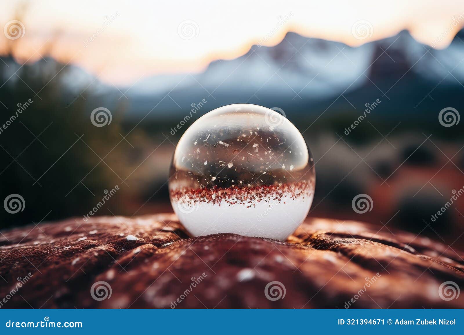 Frozen Water Droplet on Wooden Surface with Mountain Landscape Stock ...