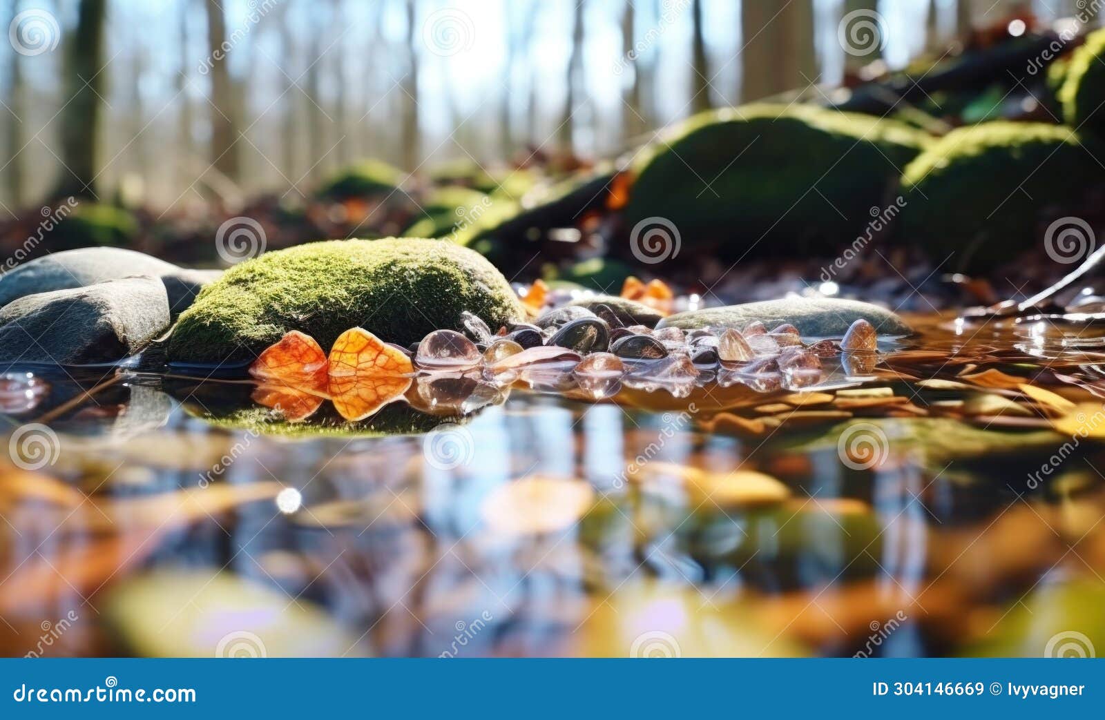 Frozen Water in the Forest with Ice Cubes and Pebbles. Early Spring ...