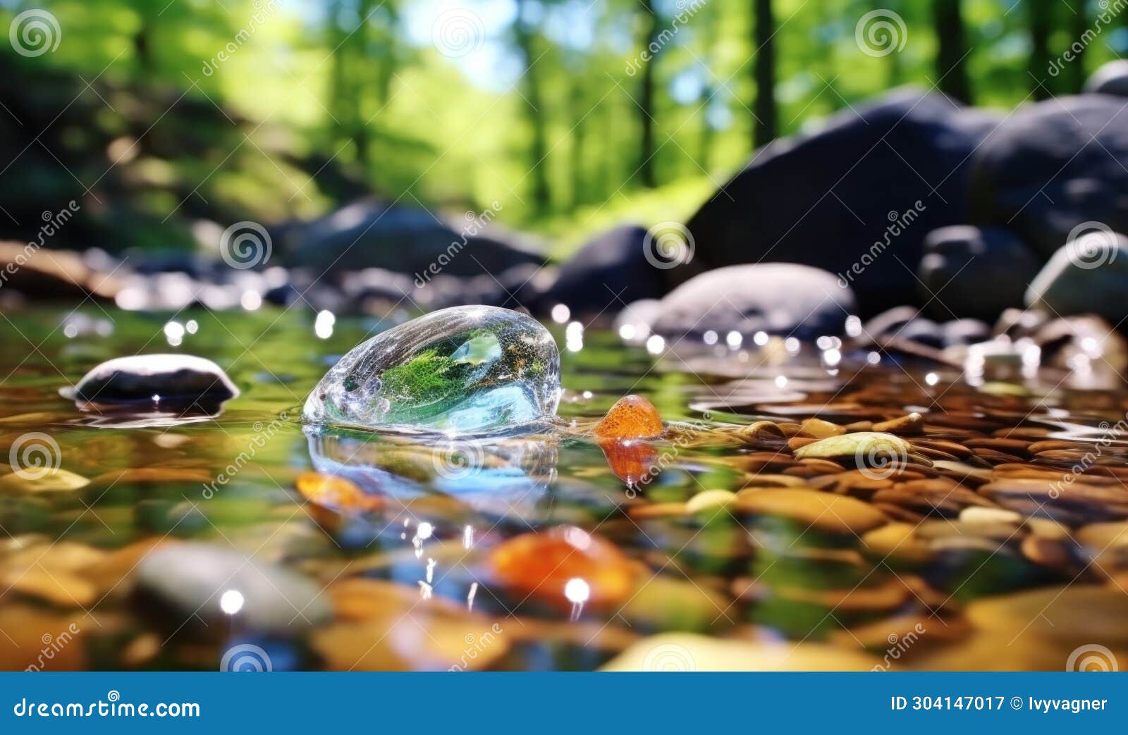 Frozen Water in the Forest with Ice Cubes and Pebbles. Early Spring ...