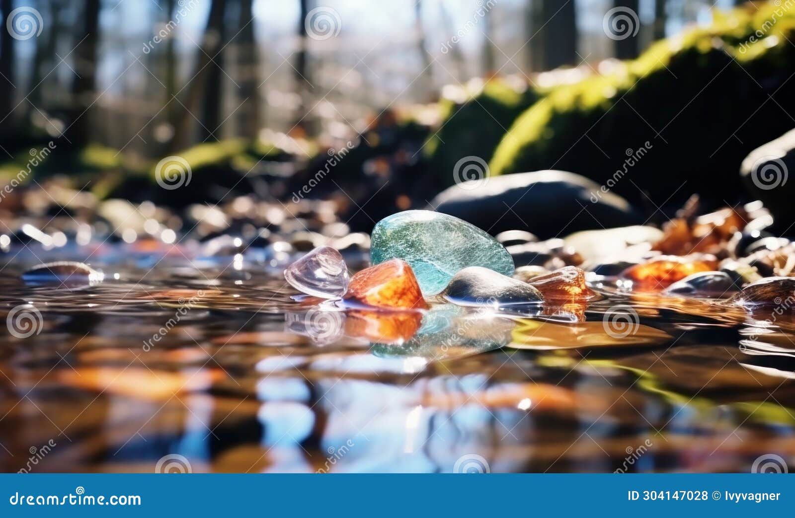 Frozen Water in the Forest with Ice Cubes and Pebbles. Early Spring ...