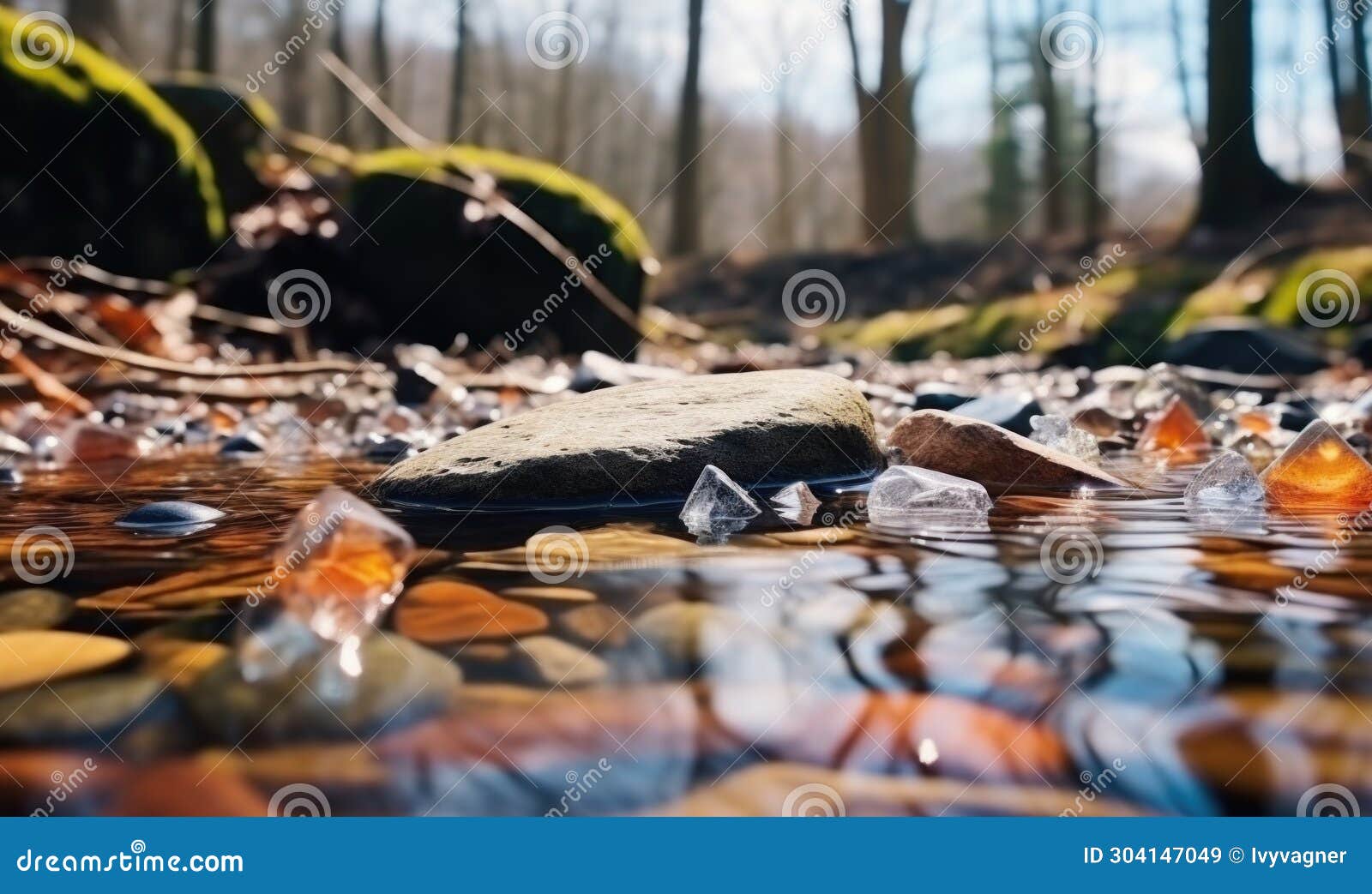 Frozen Water in the Forest with Ice Cubes and Pebbles. Early Spring ...