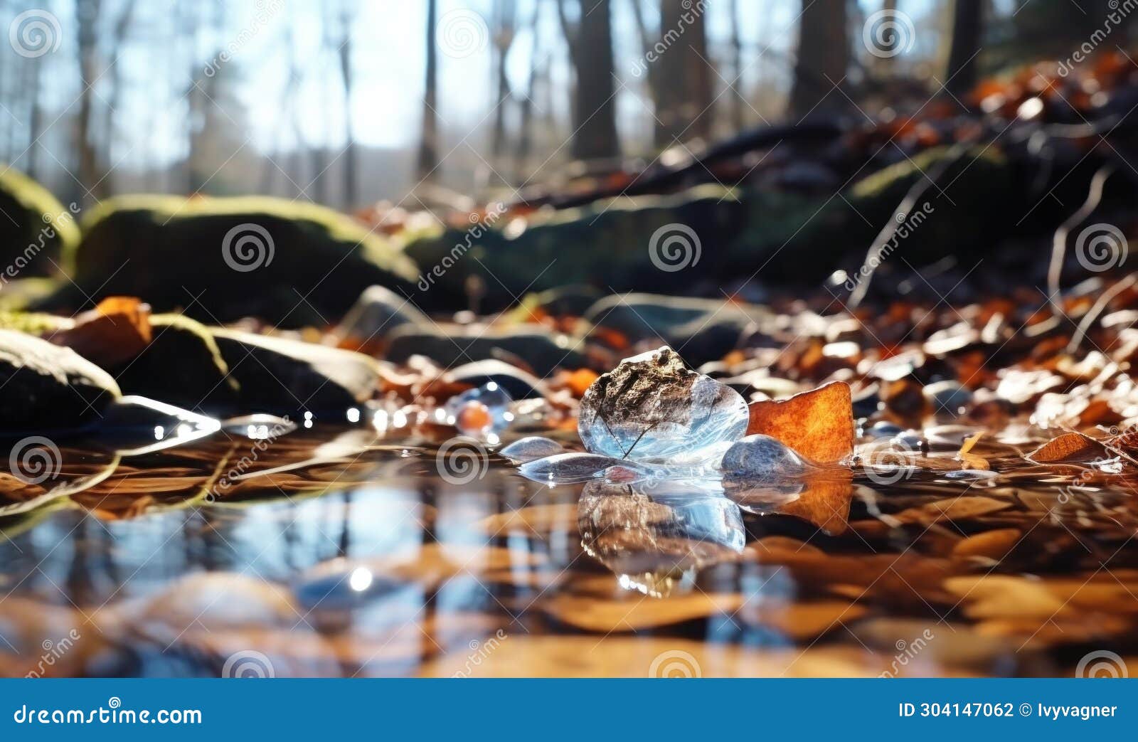 Frozen Water in the Forest with Ice Cubes and Pebbles. Early Spring ...