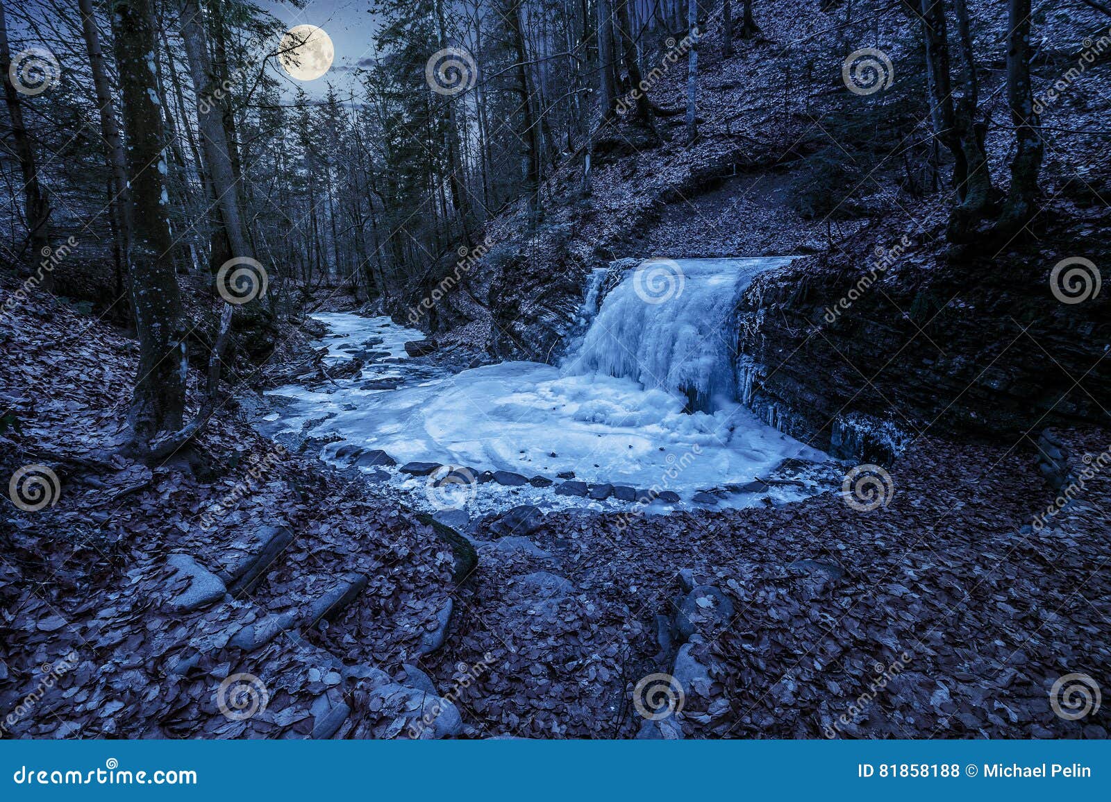 Frozen Waterfall in Forest at Night Stock Photo - Image of outdoor ...