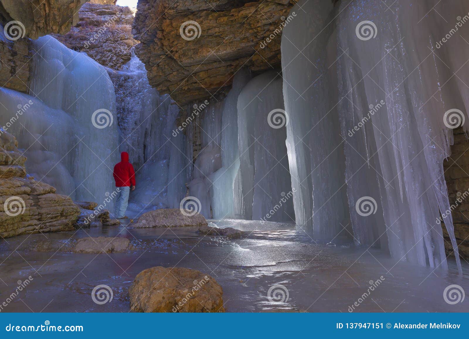 Frozen Waterfall in a Gorge High in the Mountains Stock Image - Image ...