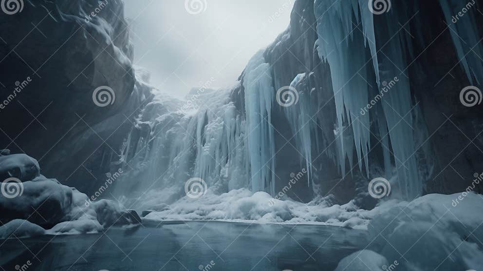 A Frozen Waterfall with Ice Hanging Off of it S Sides Stock ...