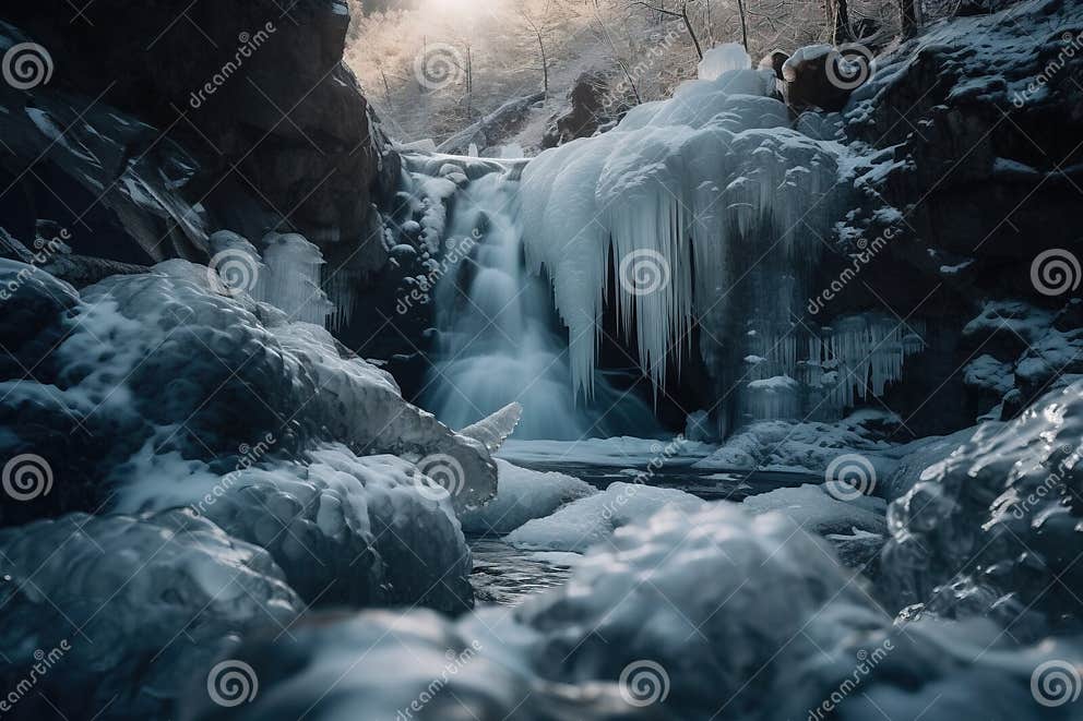A Frozen Waterfall in the Middle of a Forest Filled with Snow Stock ...