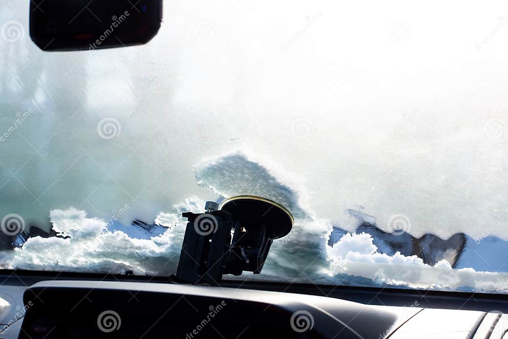 Frozen Windshield in the Car, View from the Passenger Compartment ...