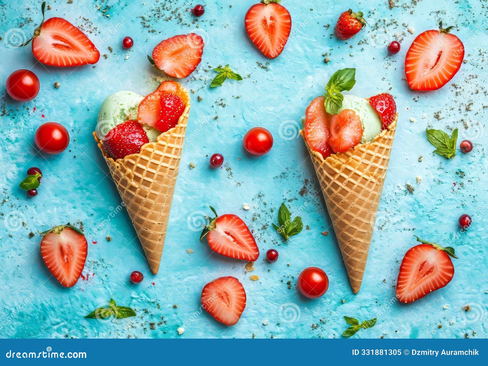 Fruit and Basil Ice Cream Cones for Summer Stock Image - Image of life ...