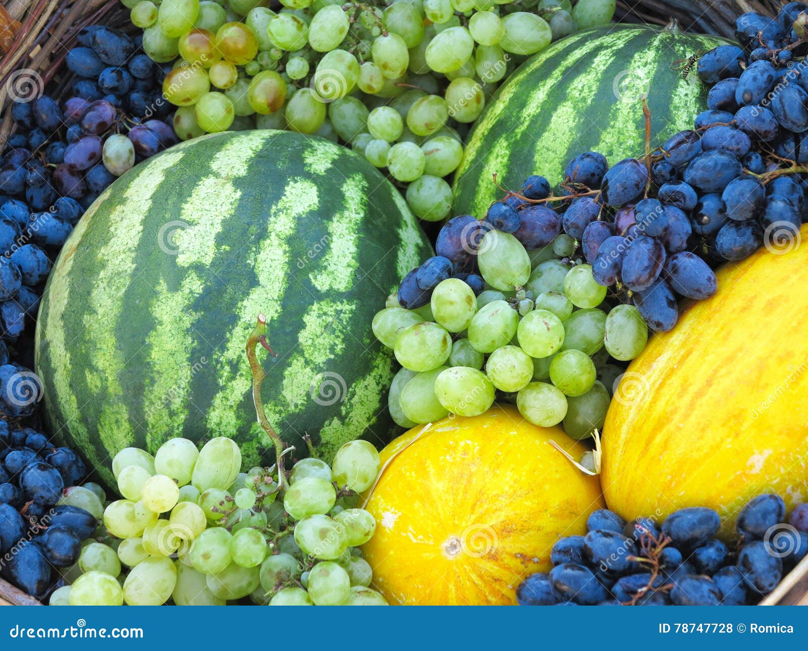 Fruit Basket with Melon, Watermelon Grapes,on Straw Stock Photo - Image ...