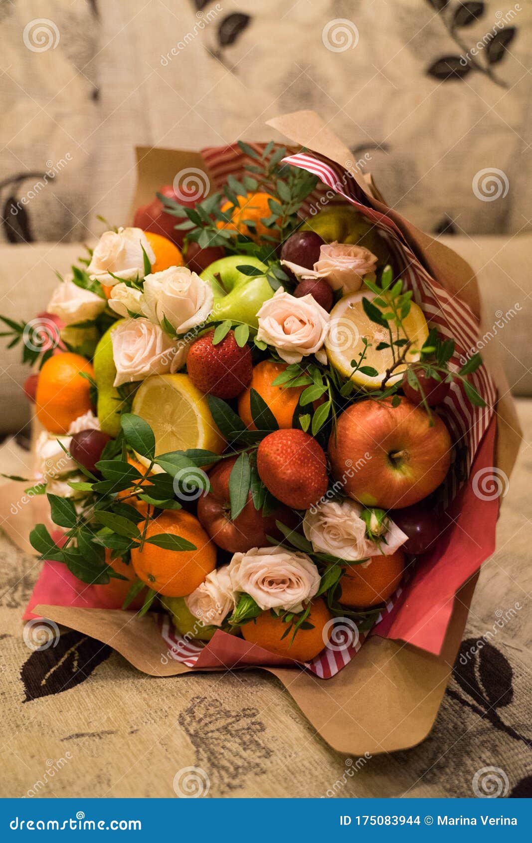 Fruit and Berry Bouquet with Roses in a Package Stock Photo - Image of ...