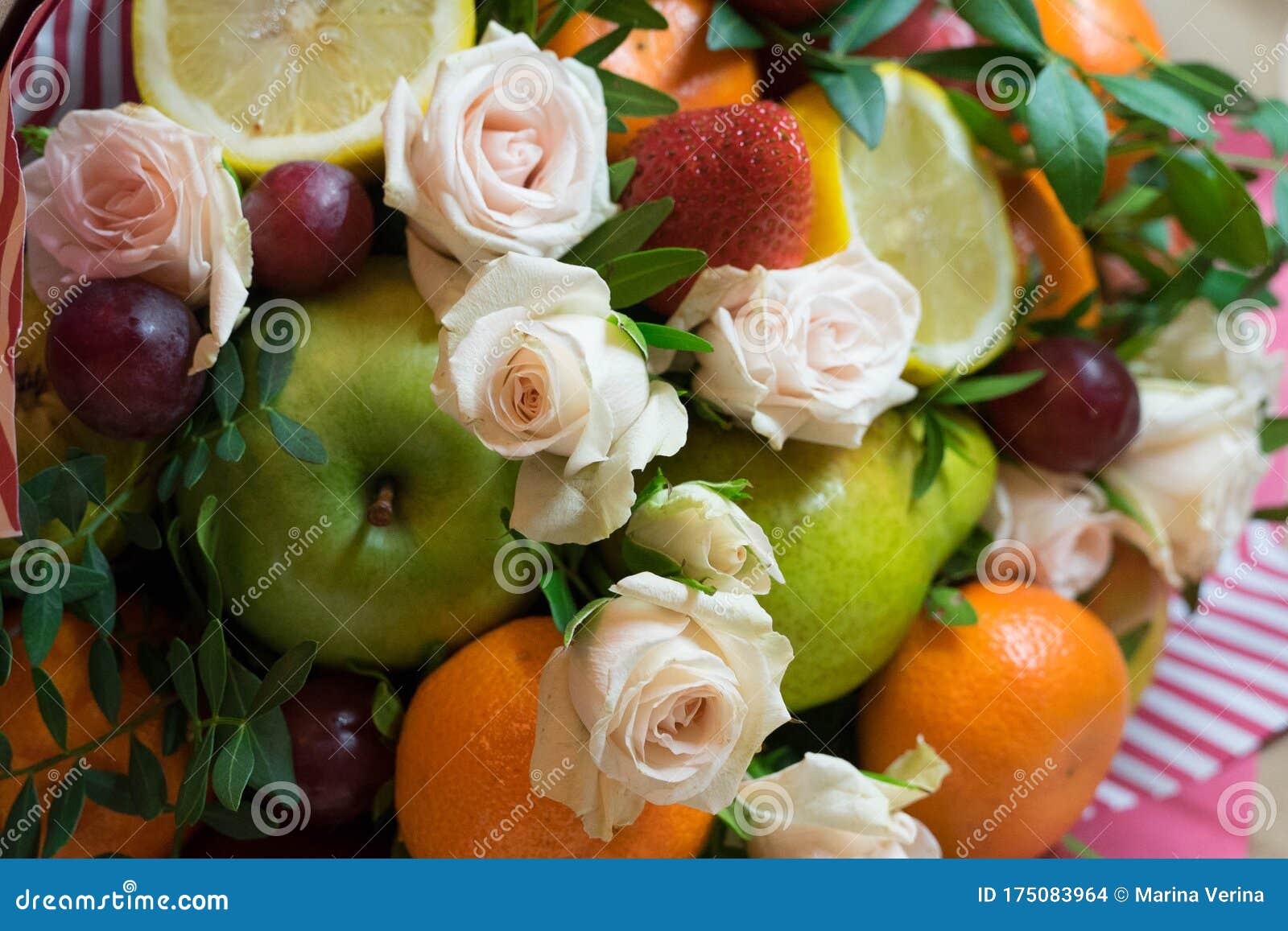 Fruit and Berry Bouquet with Roses in a Package Stock Photo - Image of ...