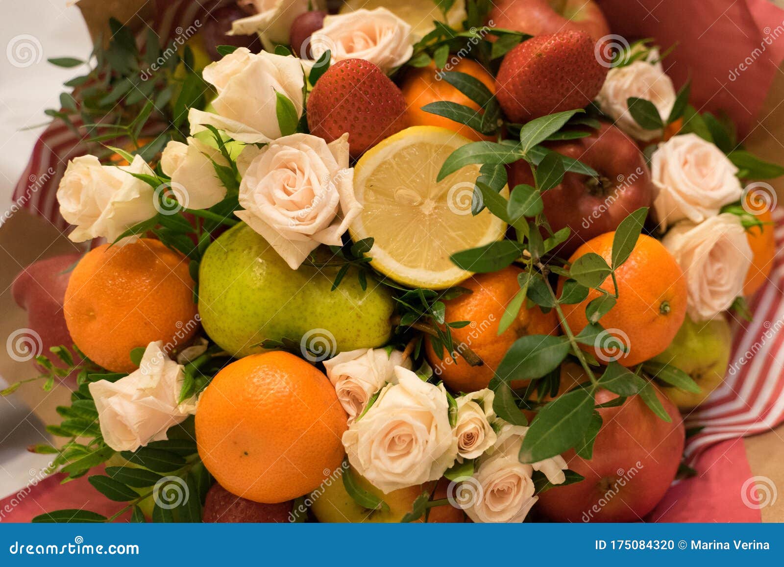 Fruit and Berry Bouquet with Roses in a Package Stock Photo - Image of ...