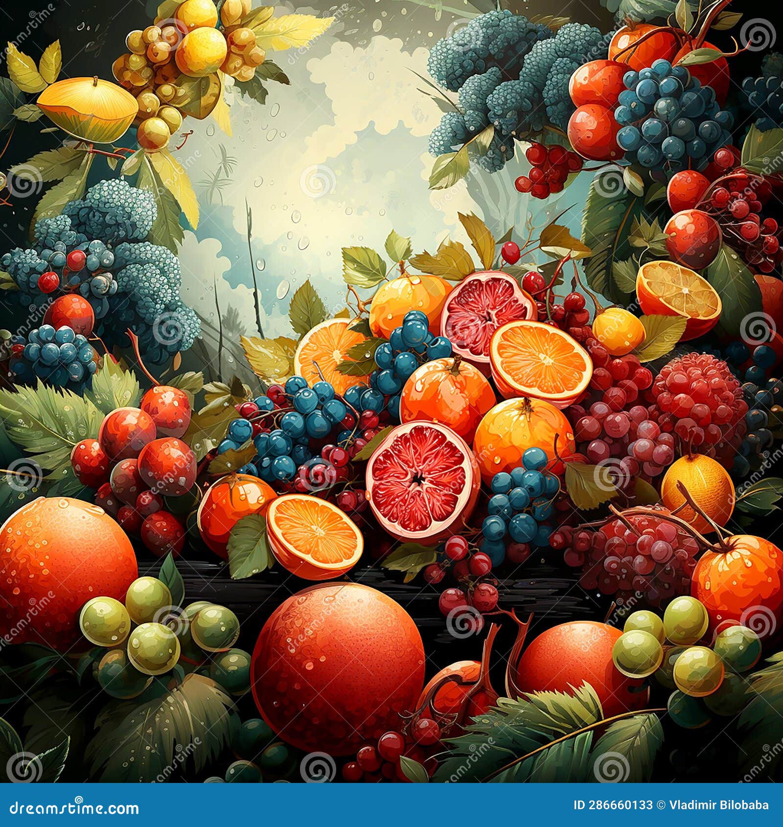 Fruit and Berry Layout on a Dark Table Stock Illustration ...