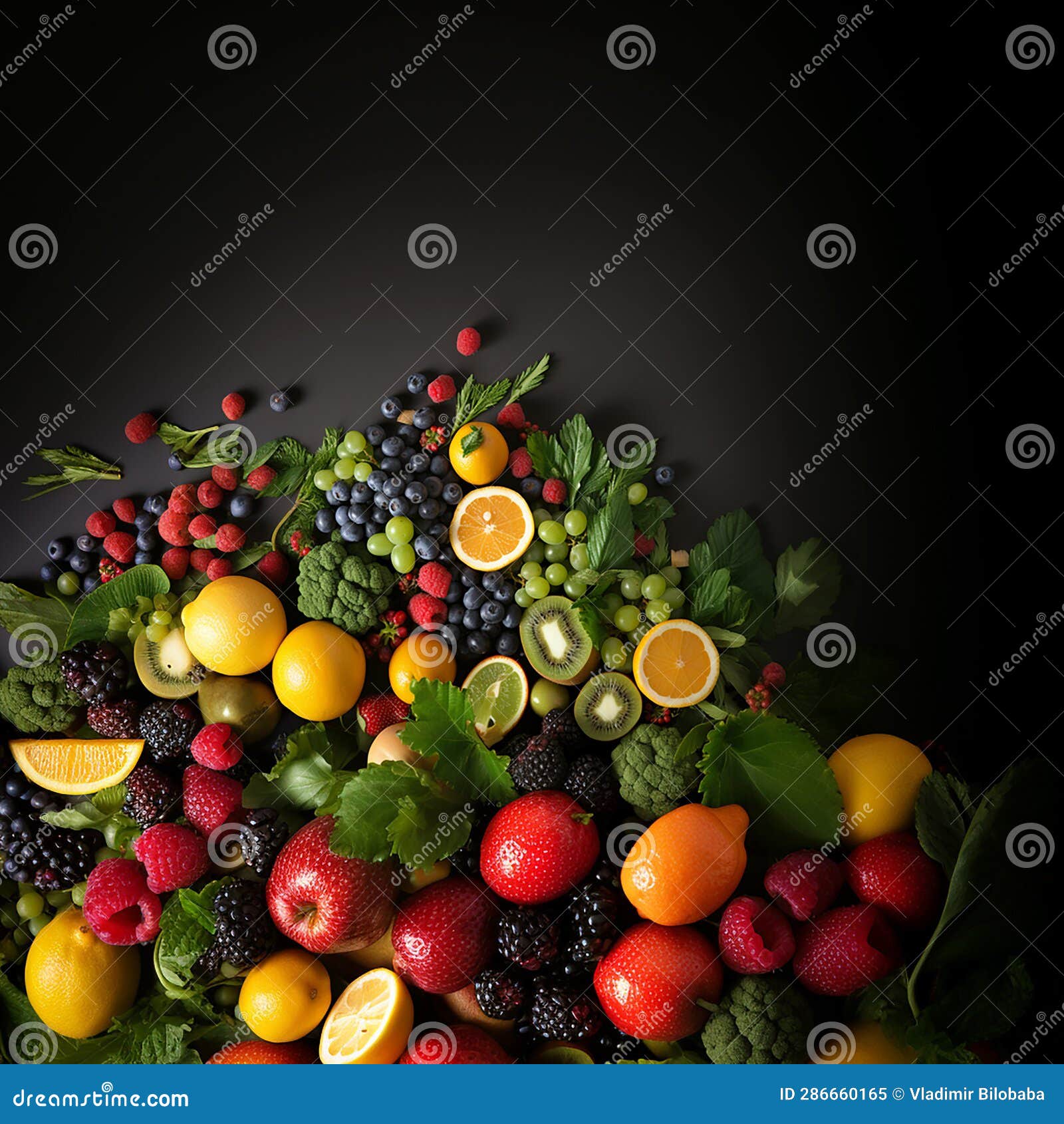 Fruit and Berry Layout on a Dark Table Stock Illustration ...