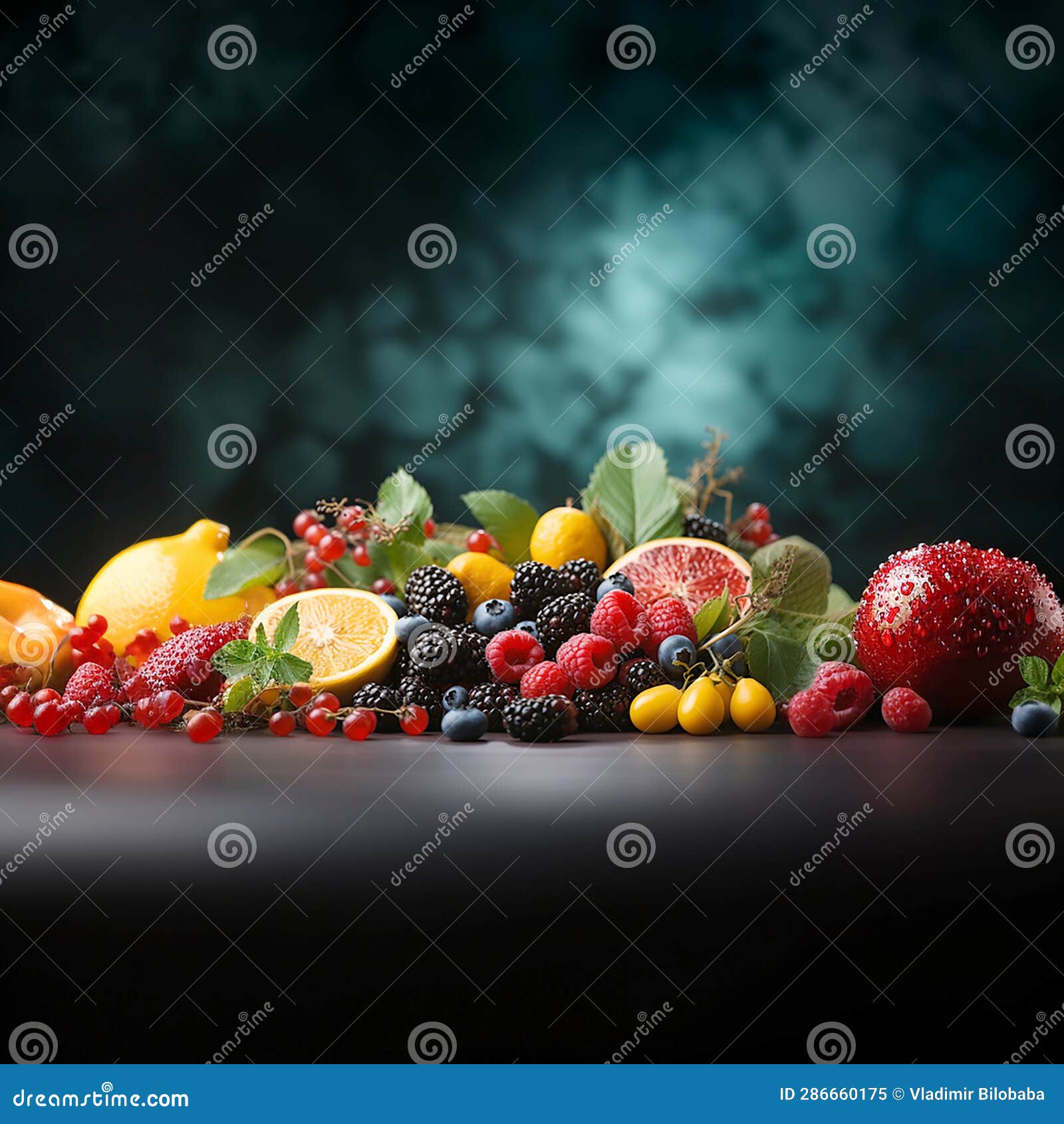 Fruit and Berry Layout on a Dark Table Stock Illustration ...
