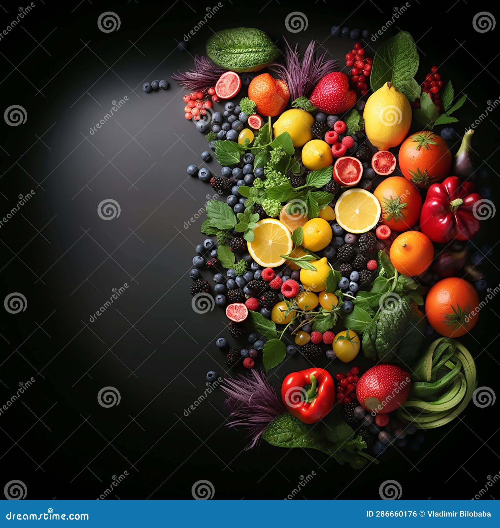 Fruit and Berry Layout on a Dark Table Stock Illustration ...
