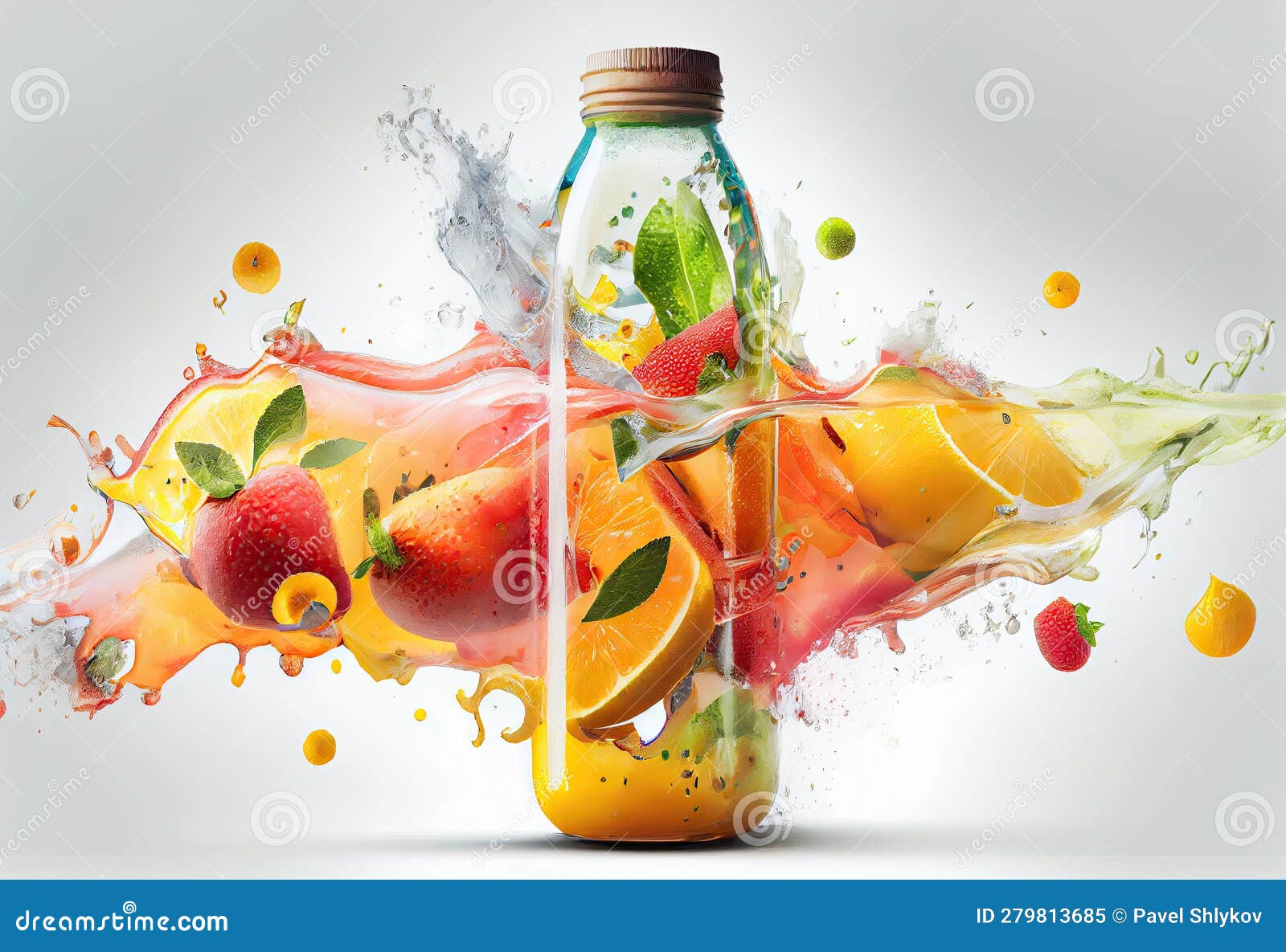 Fruit, Berry Mix in Bottle Splash Stock Illustration - Illustration of ...