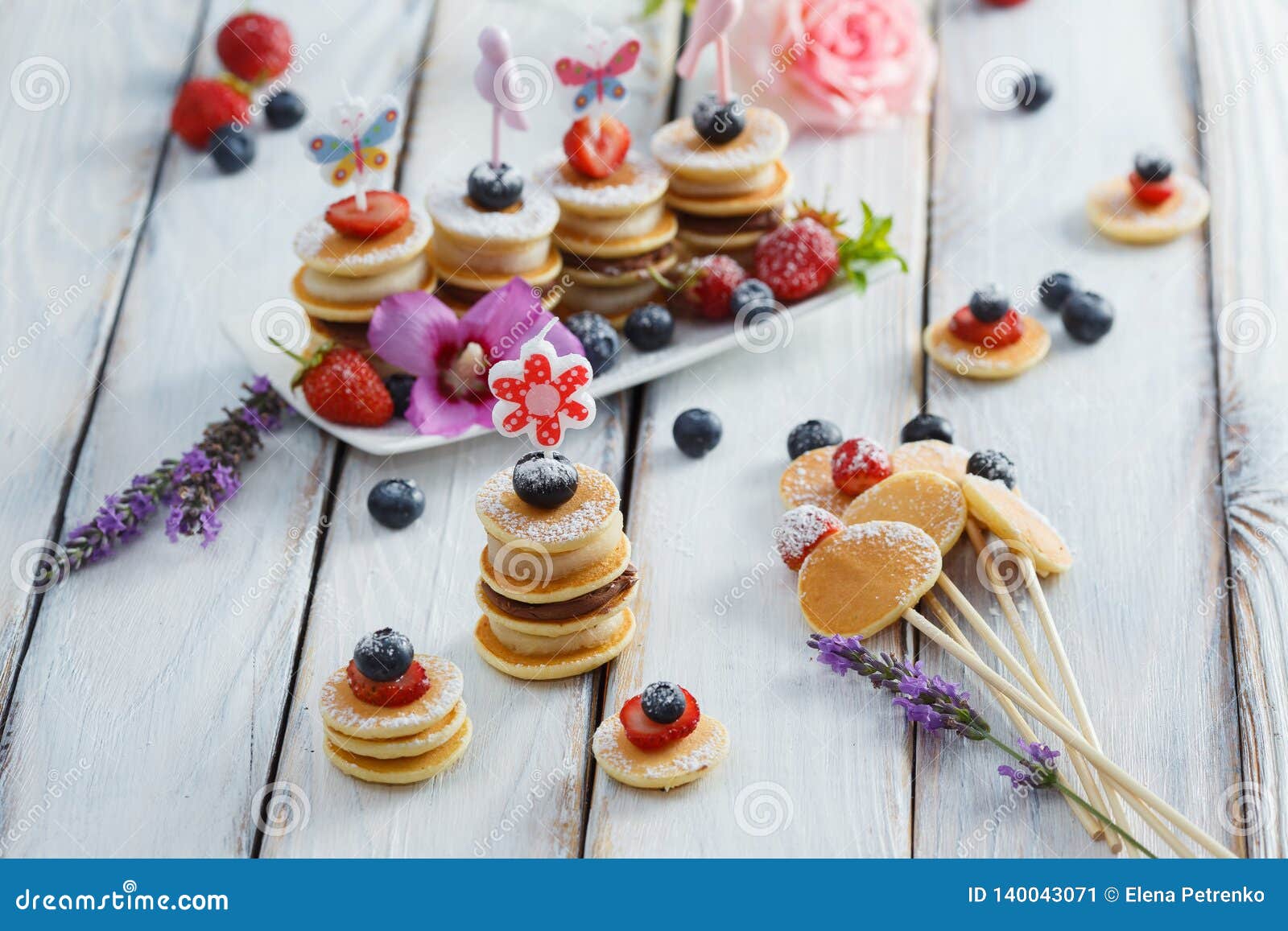 Fruit, Berry and Pancake Canapes on White Wooden Table Stock Image ...