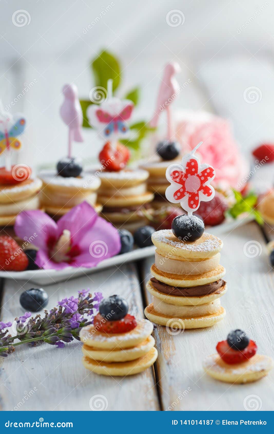 Fruit, Berry and Pancake Canapes on White Wooden Table Stock Image ...