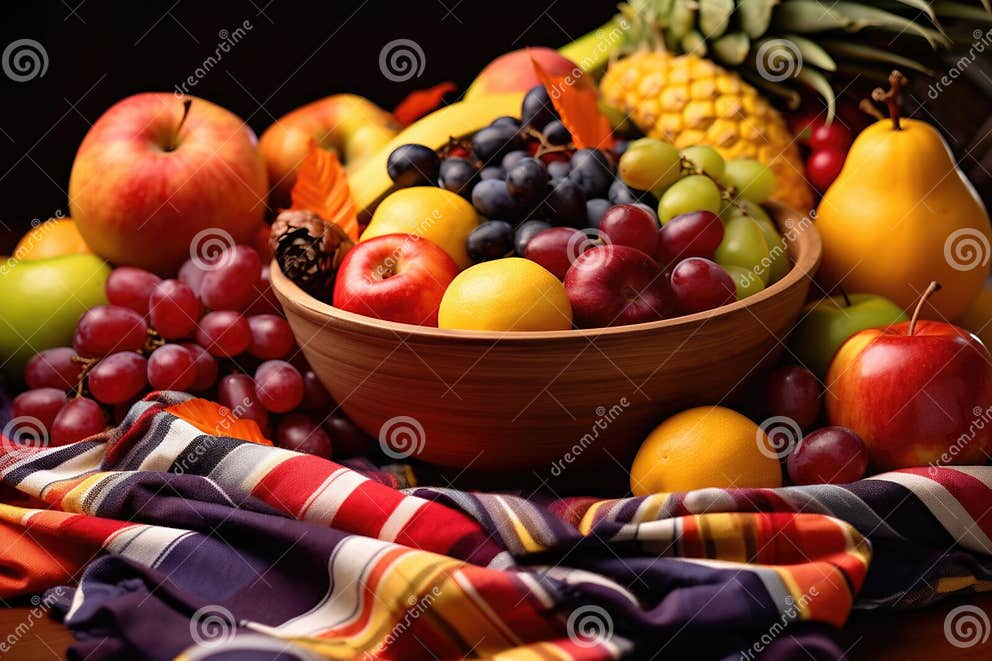 Fruit Bowl Overflowing with Various Fruits on a Fabric Pattern Stock ...