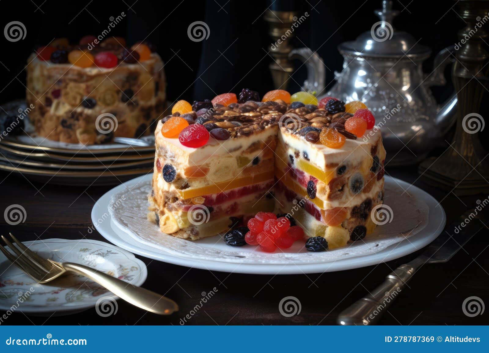Fruit Cake, with Layers of Pastry and Fruit, on Plate Stock ...