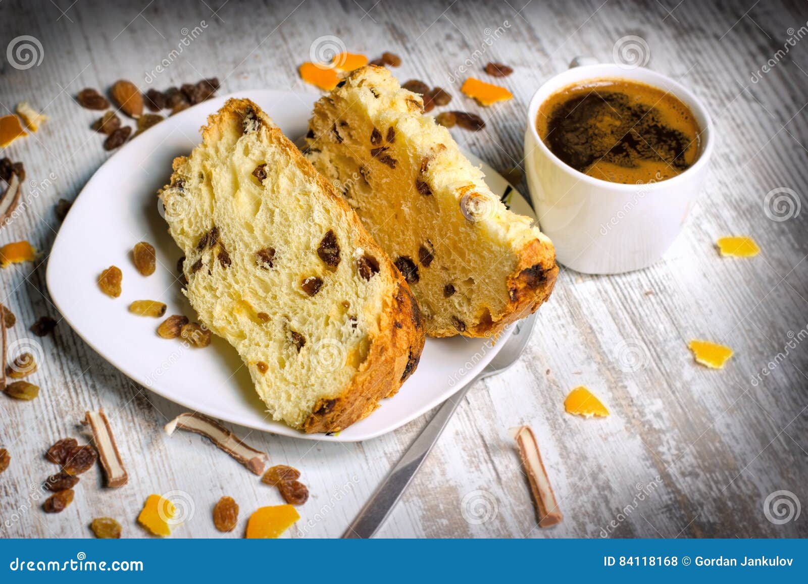 Fruit Cake with Raisins and Candied Fruit and Cup of Fresh Coffee Stock ...