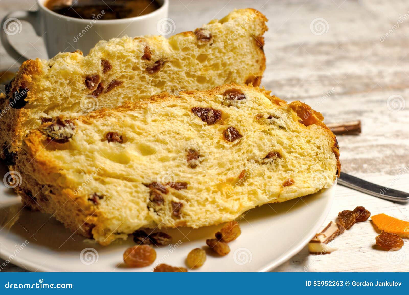 Fruit Cake with Raisins and Coffee on Rustic Table Stock Image - Image ...