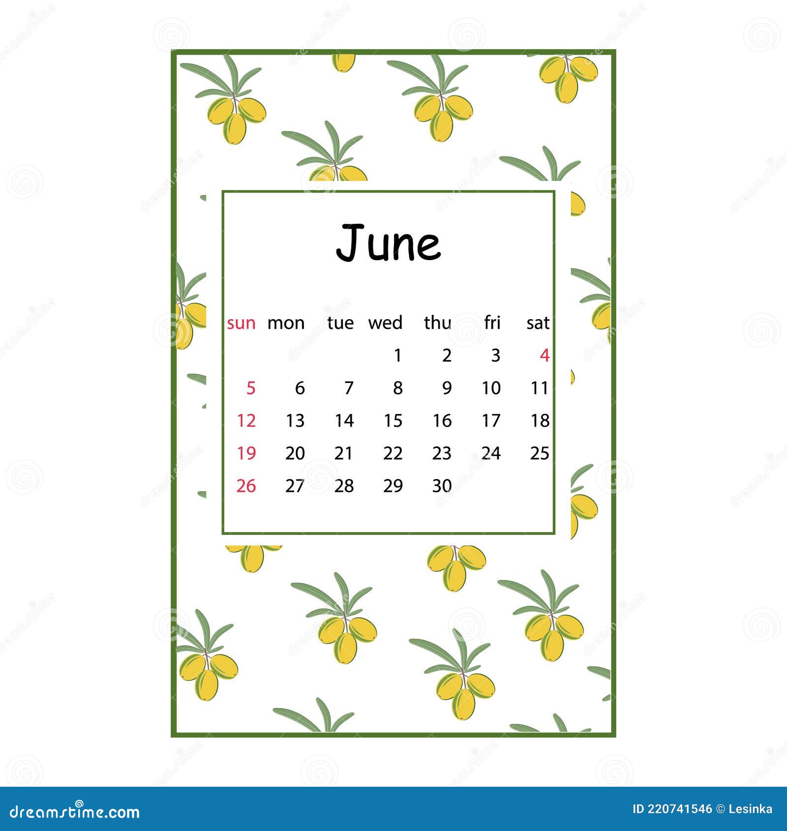 Fruit Calendar for 2022 with Fruit Pattern for the Month of June, Color ...