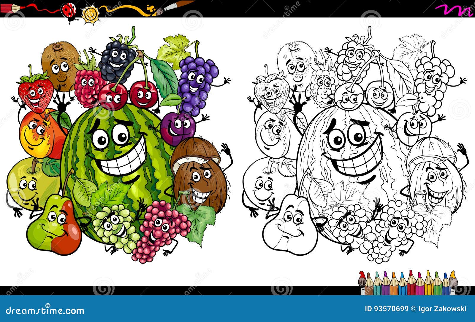 Fruit Characters. Coloring Page Or Book. Nature Coloring Book Page For ...