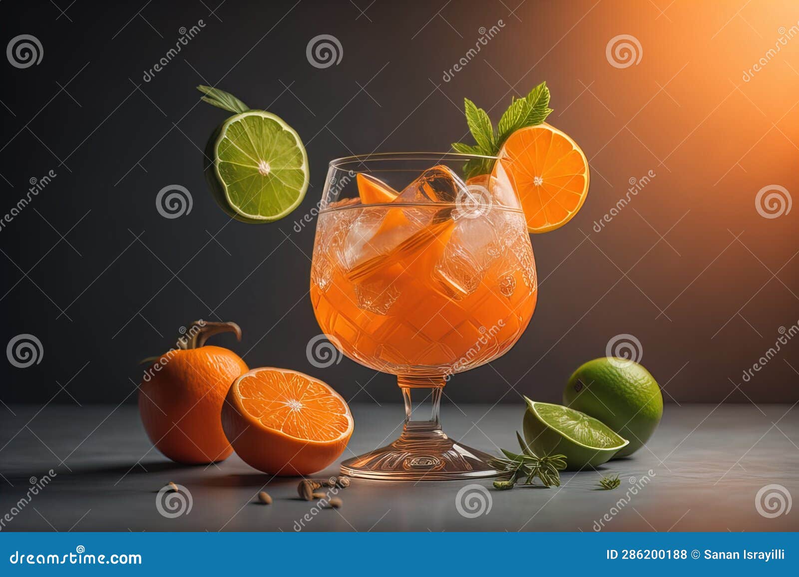 Fruit Cocktail with Orange, Lime, Mint and Ice on Grey Background ...