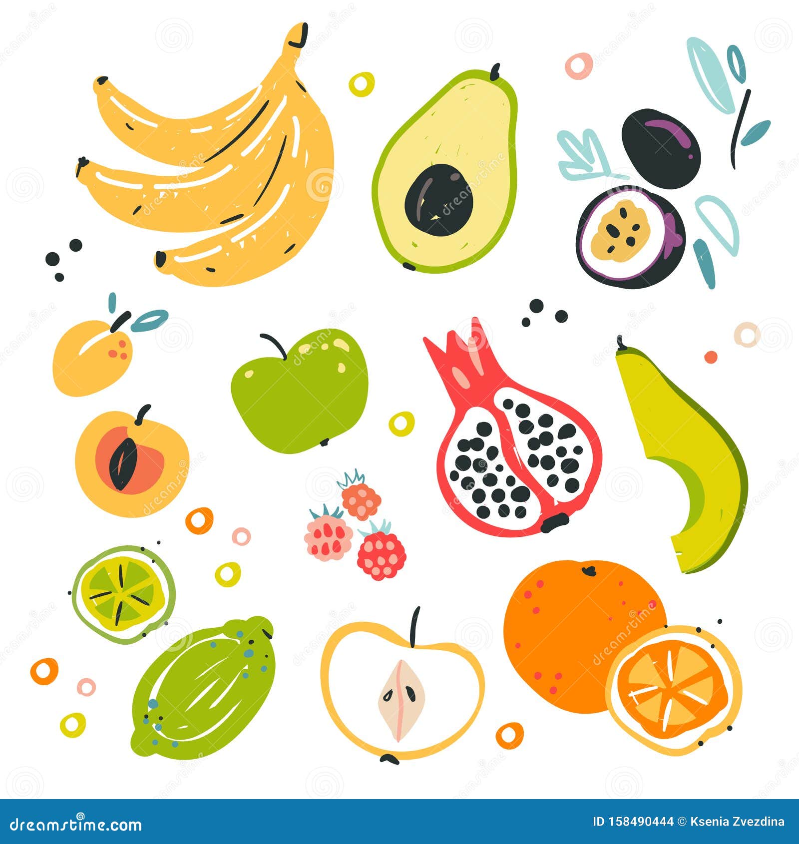Fruit Collection in Flat Hand Drawn Style, Illustrations Set. Tropical ...