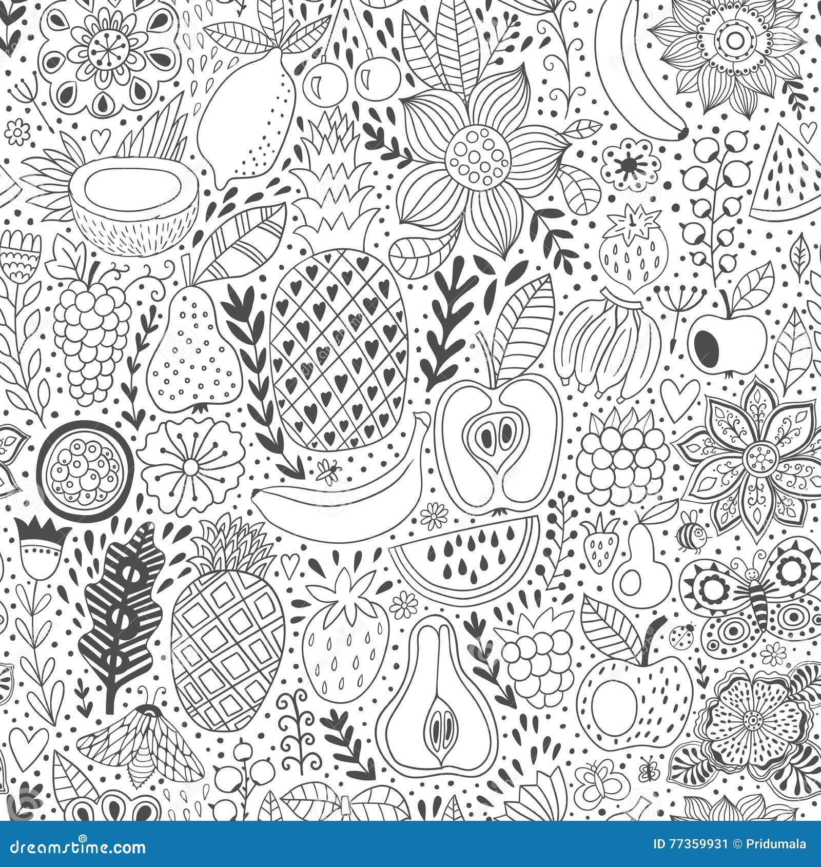 Fruit Doodles Seamless Vector Pattern. Hand Drawn Summer Backdrop Stock ...