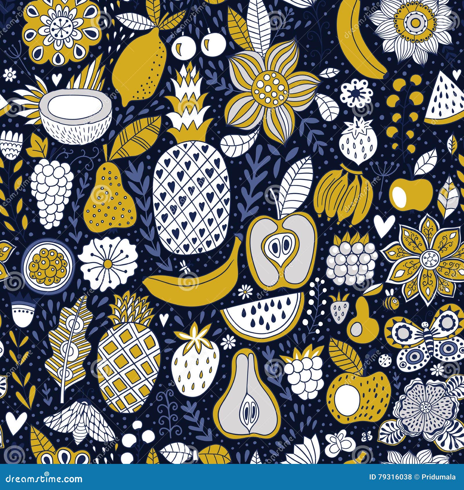 Fruit Doodles Seamless Vector Pattern. Hand Drawn Summer Backdrop Stock ...