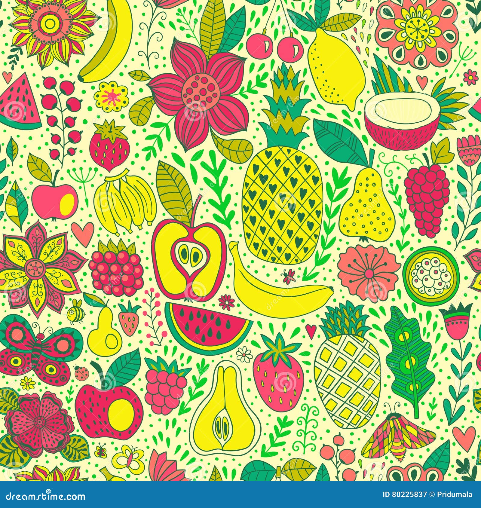 Fruit Doodles Seamless Vector Pattern. Hand Drawn Summer Backdrop Stock ...