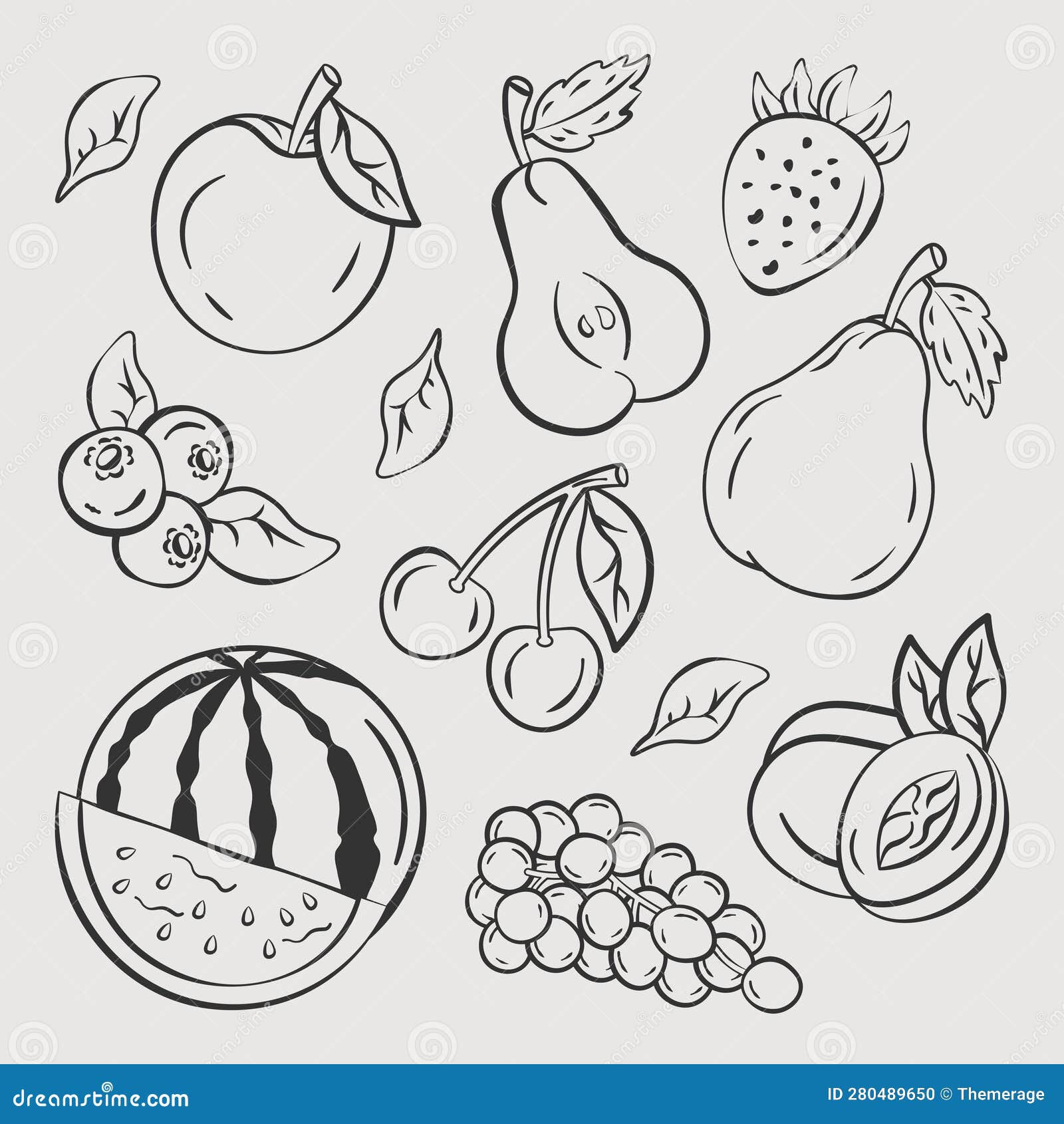 Fruit Drawn Illustration, Watermelon Apple Pear Apricot Vector Stock ...
