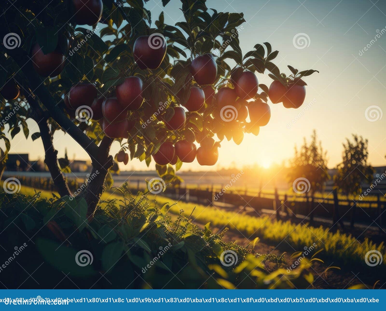 Fruit Farm with Apple Trees in Sunset. Ai Generative Stock Photo ...