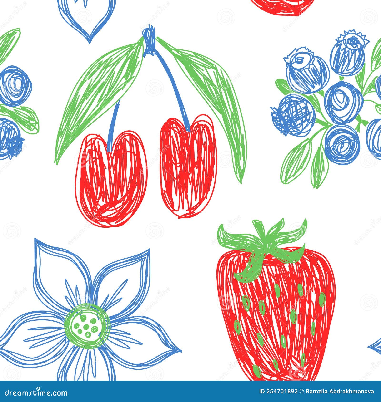 Fruit and Flower Sketch Pattern. Hand Drawn Vector Illustration Stock ...