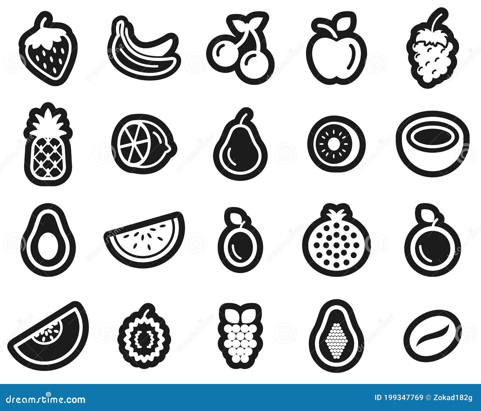 Fruit or Fruits Icon White on Black Sticker Set Big Stock Vector ...