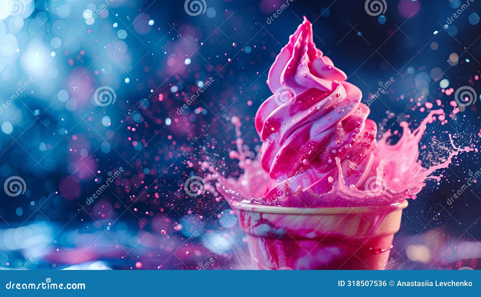 Fruit Ice Cream with Milk Splash on Shiny Blue Background Stock ...