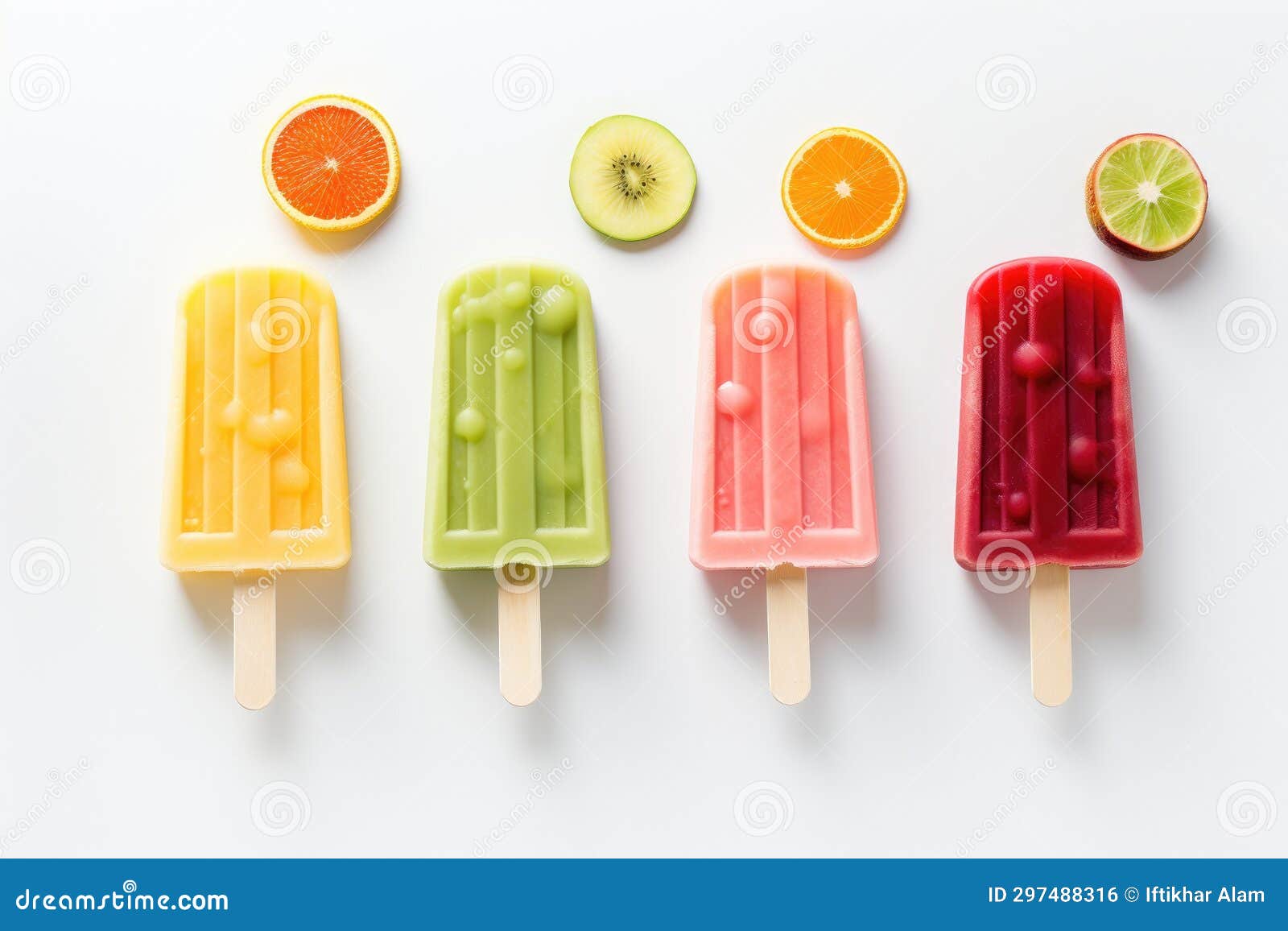 Fruit Ice Cream Popsicles on White Background, Top View, Set of Fruit ...