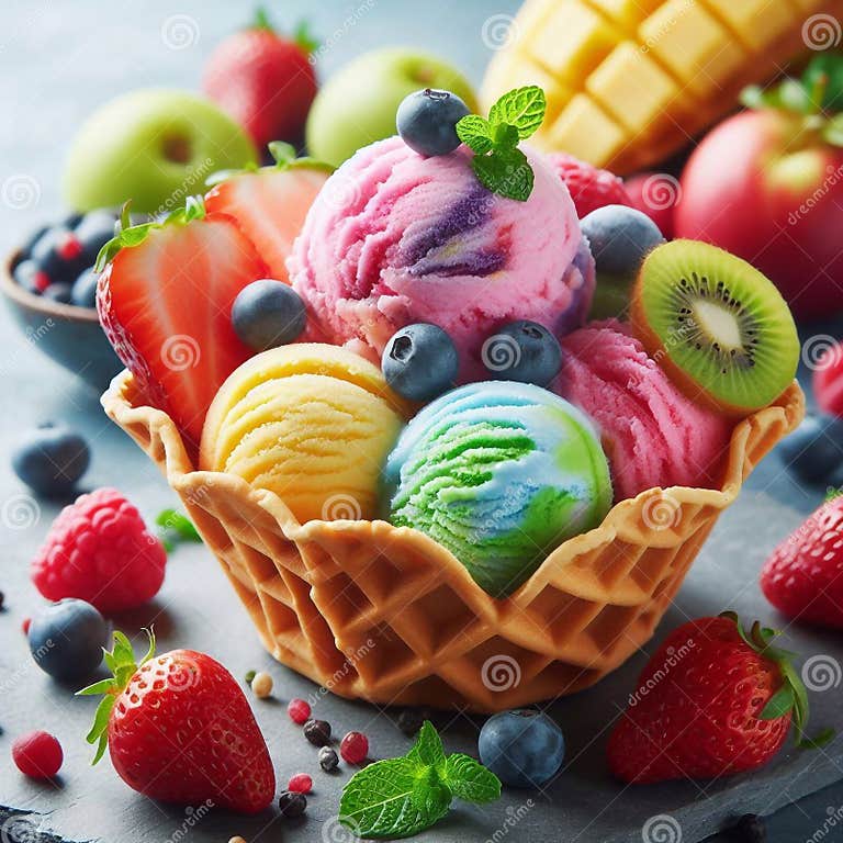 Fruit Ice Cream In A Waffle Cup Generated Ai Stock Illustration