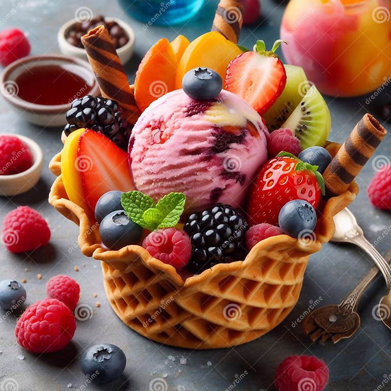 Fruit Ice Cream In A Waffle Cup Generated Ai Stock Illustration