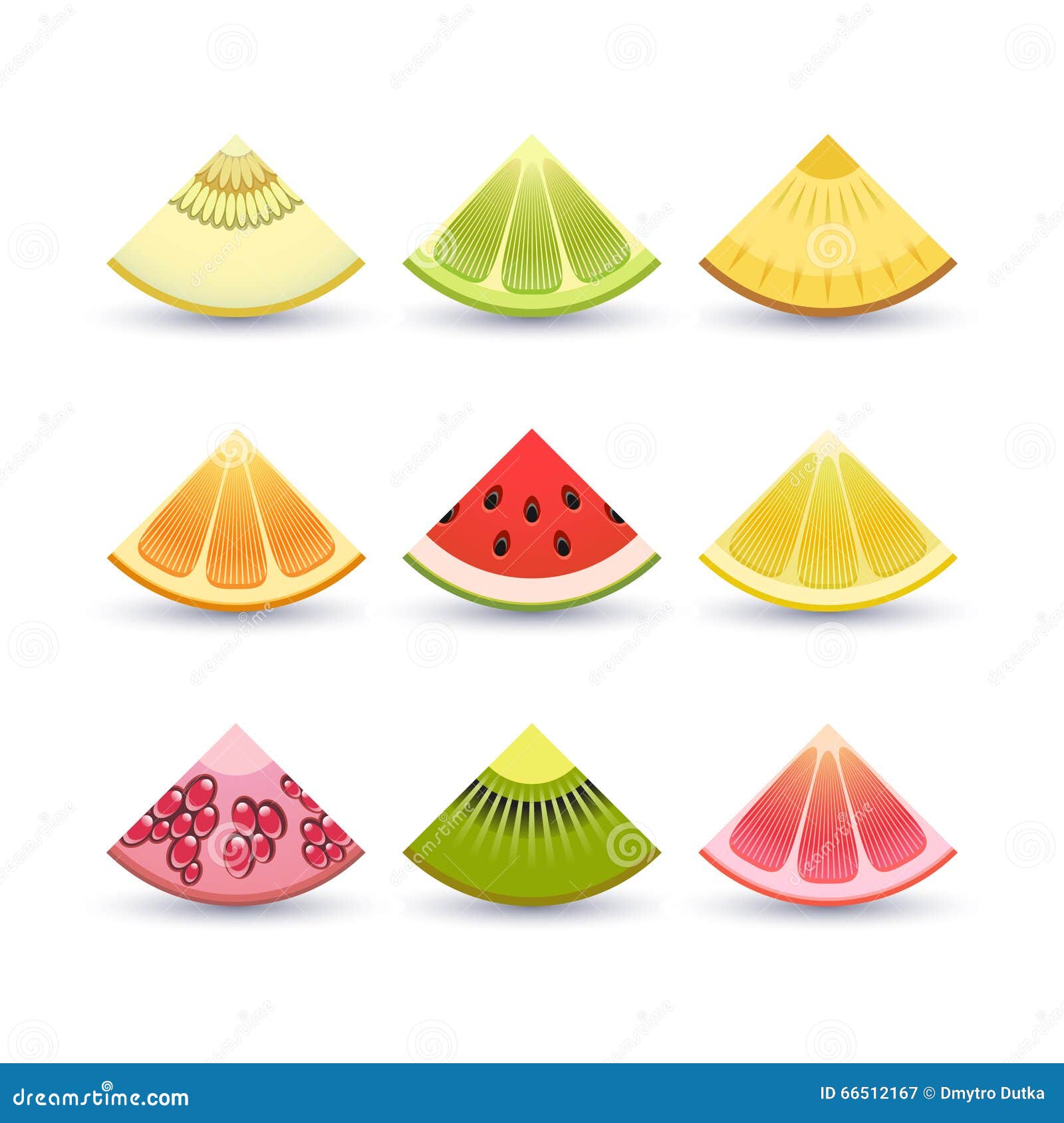 Fruit Icon Set. Slices of: Lemon, Kiwi, Orange, Pomegranate, Pineapple ...