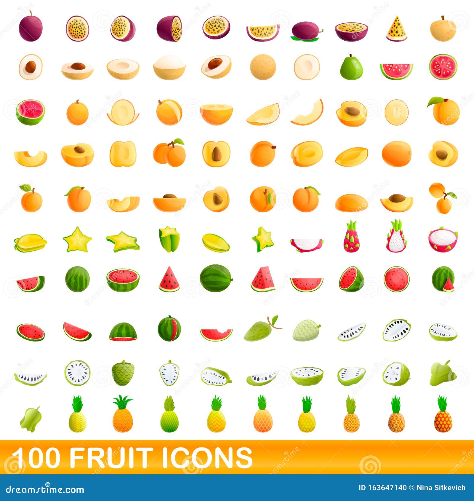 100 Fruit Icons Set, Cartoon Style Stock Vector - Illustration of ...