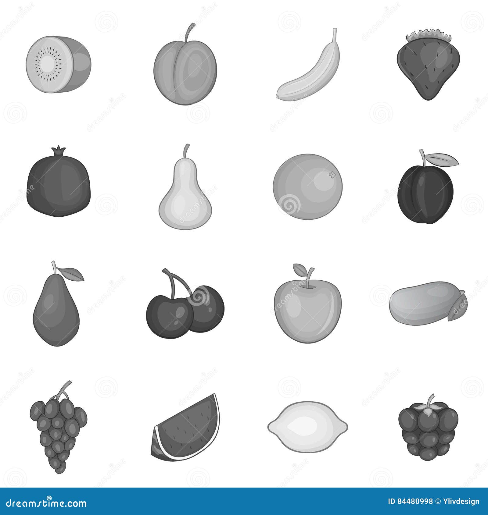 Fruit Icons Set, Monochrome Style Stock Vector - Illustration of lemon ...