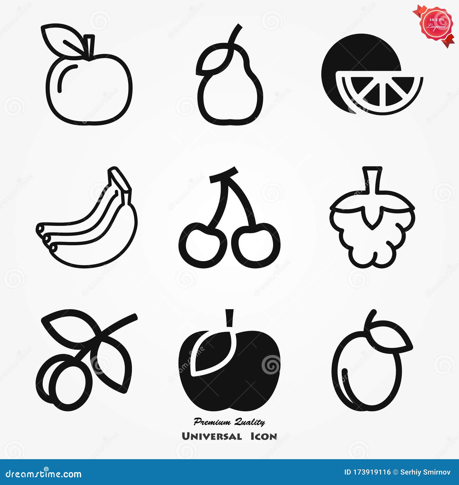 Fruit Icons, Vector Symbol of Food Signs Stock Vector - Illustration of ...