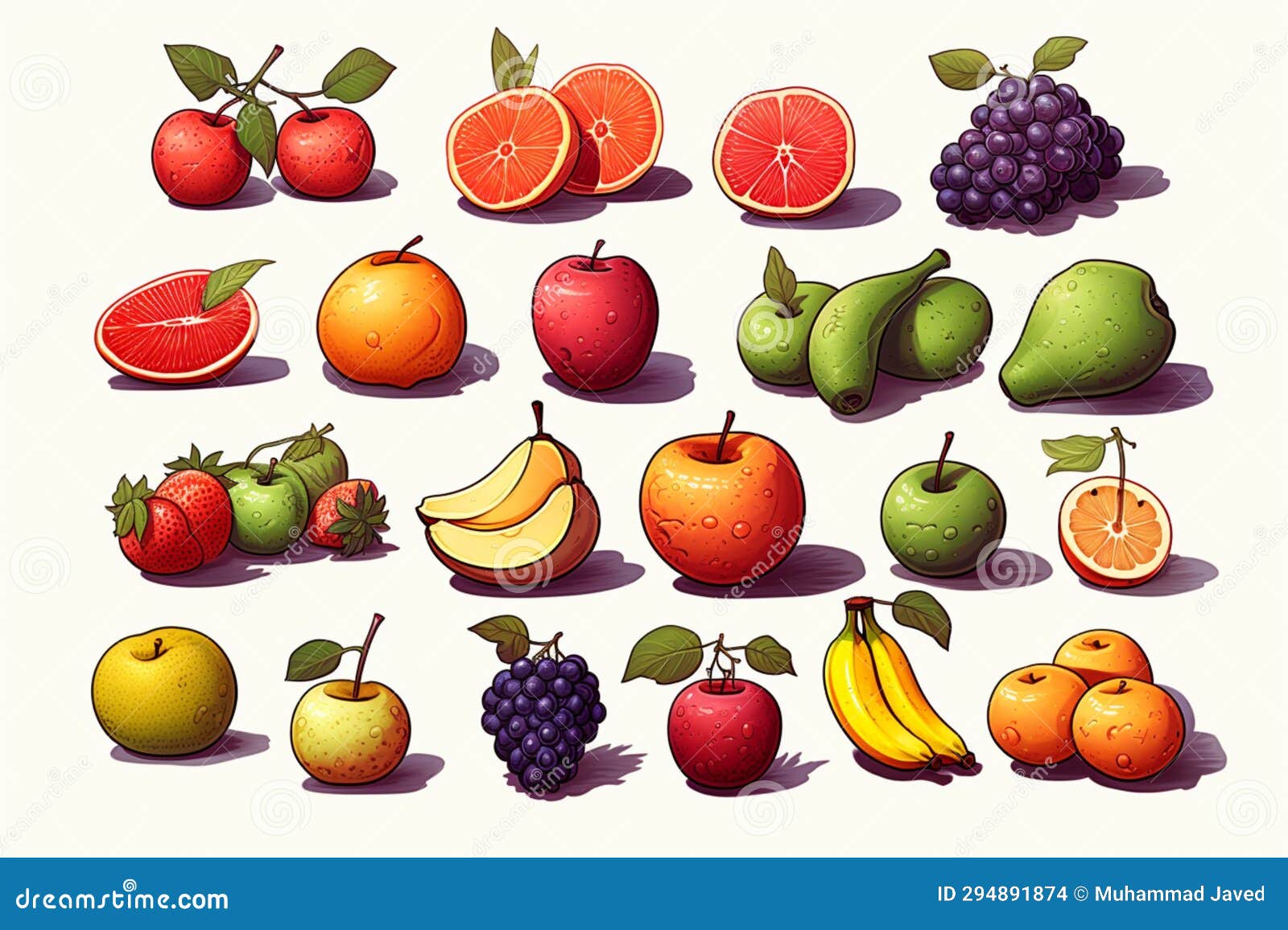 Fruit Illustrations in a Clean 2D Art Style on a White Background Stock ...