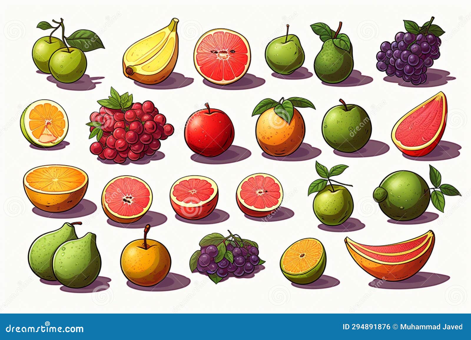 Fruit Illustrations in a Clean 2D Art Style on a White Background Stock ...